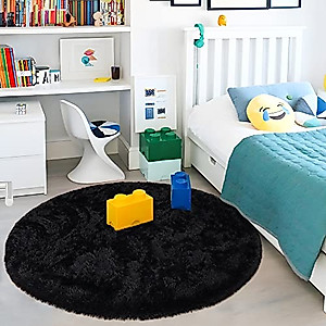 ISEAU Fluffy Round Rug Carpets, Modern Shaggy Circle Rug for Kids Bedroom Extra Comfy Cute Nursery Rug Small Circular Carpet for Boys Girls Room Home Decor Area Rug, 4ft Rugs, Black