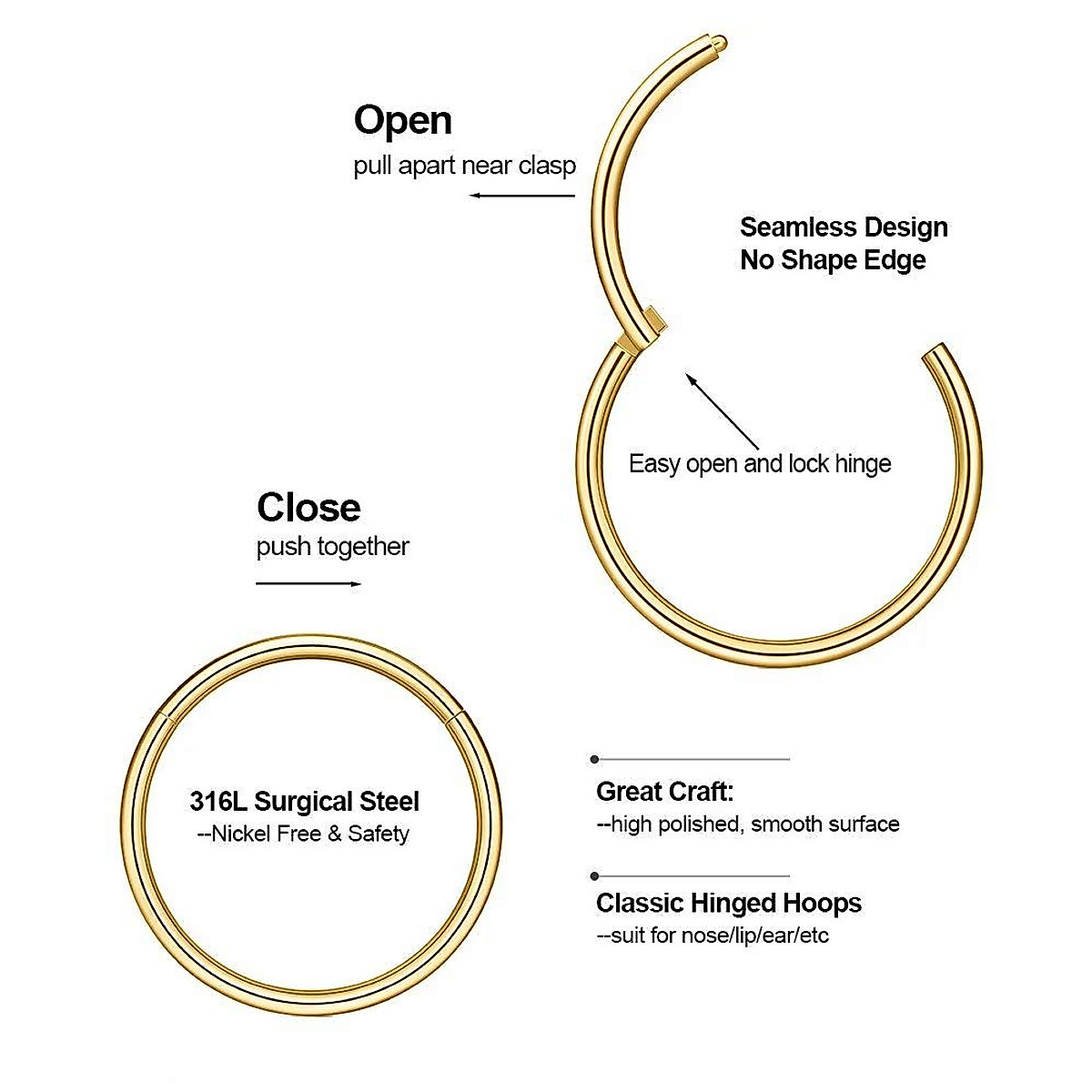 M MOOHAM Nose Rings for Women, 20g Gold Hoop Earring Surgical Steel Hypoallergenic Hinged Small Nose Ring 20 Gauge 8mm Septum Lip Ring Cartilage Hoop Earring Conch Piercing Jewelry