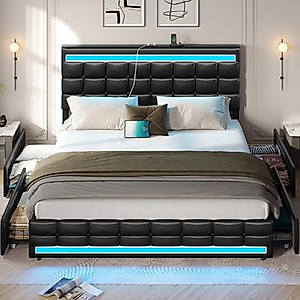BTHFST King Size Bed Frame with LED Lights,PU Leather Bed with Storage Drawers & Adjustable Headboard,Platform Bed with Power Outlets,Noise-Free,Black