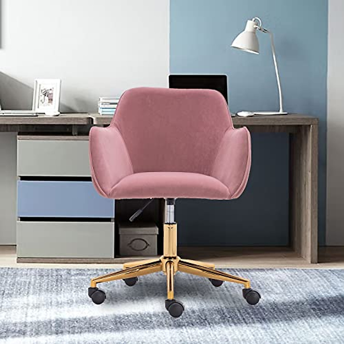 Yoluckea Modern Velvet Swivel Office Chair, Adjustable Height, Ergonomic Design, Cute Desk Chair for Home Office, Pink