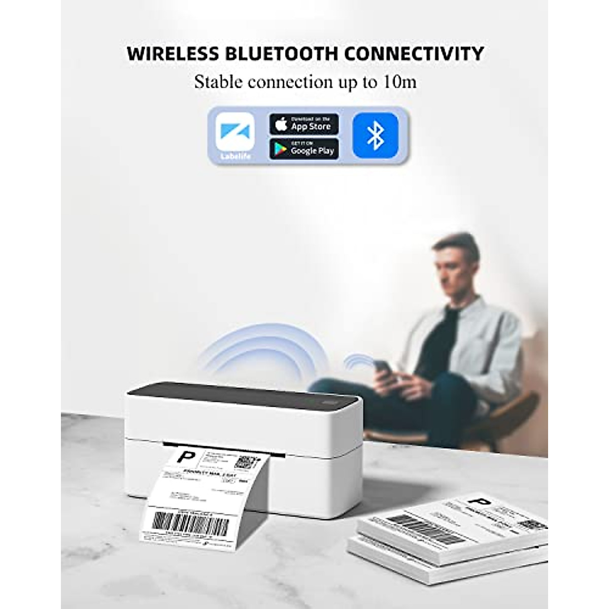 BluetoothLabel Printer with Thermal Shipping Blue Label - 4" x 6", 500 Sheets