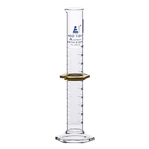 Graduated Cylinder, 100mL - ASTM, Class A - Tolerance ±0.50mL - Protective Collar, Hexagonal Base - Blue Graduations - with Individual Work Certificate - Borosilicate 3.3 Glass - Eisco Labs