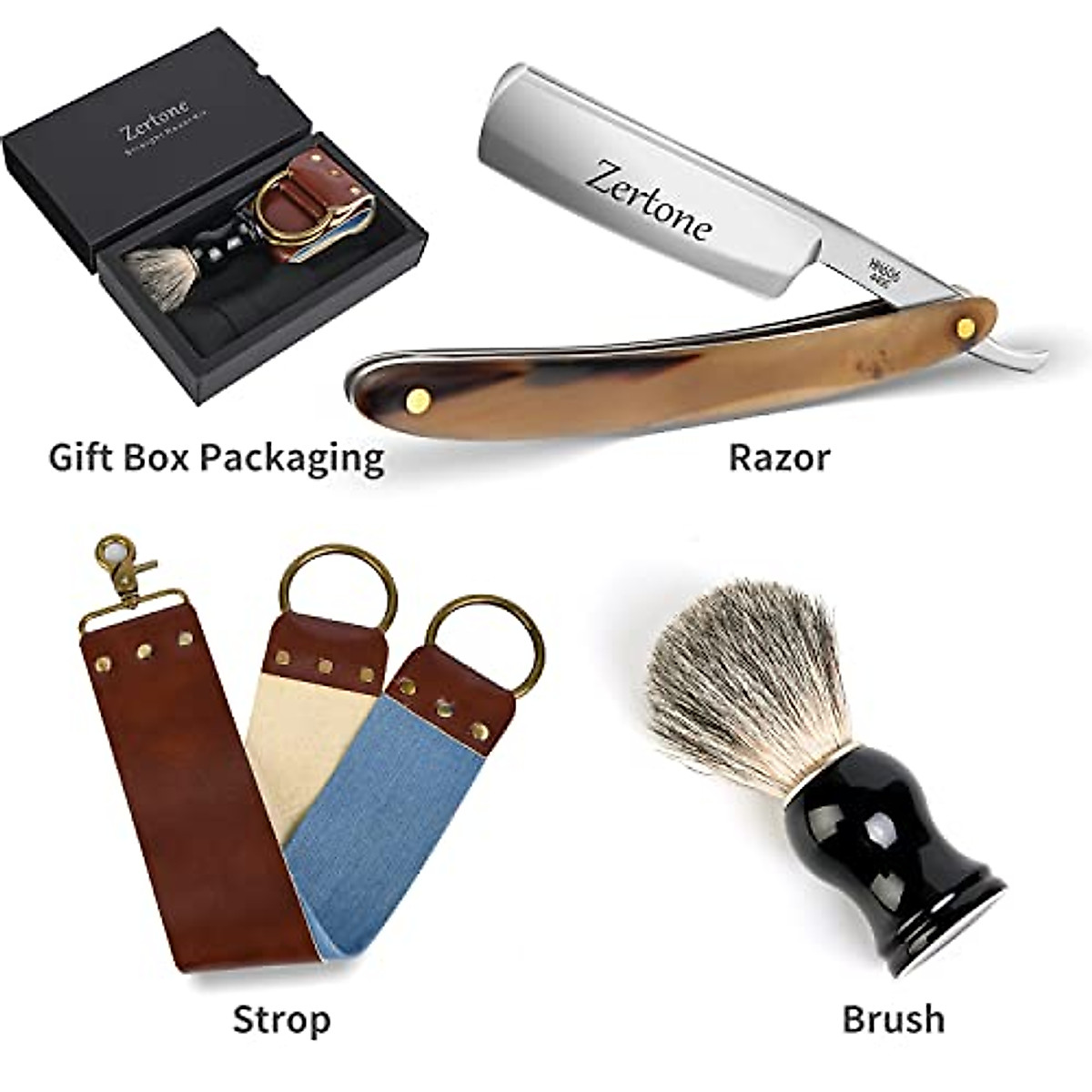 Zertone Straight Razor Shaving Kit with Horn Scale - Straight Razors for Men, Sharp 440C Stainless Steel Blade Straight Edge Razor, Includes Stropping Cloth and Brush