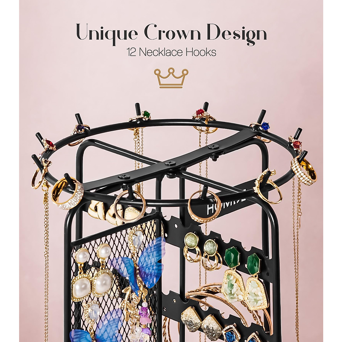 Homde 360 Rotating Jewelry Stand Hold up to 48 Pairs of Earrings and 34 Necklaces Jewelry Tower Tree Earring Necklace Bracelet Display Organizer with Solid Wood Base (Brown + Black)