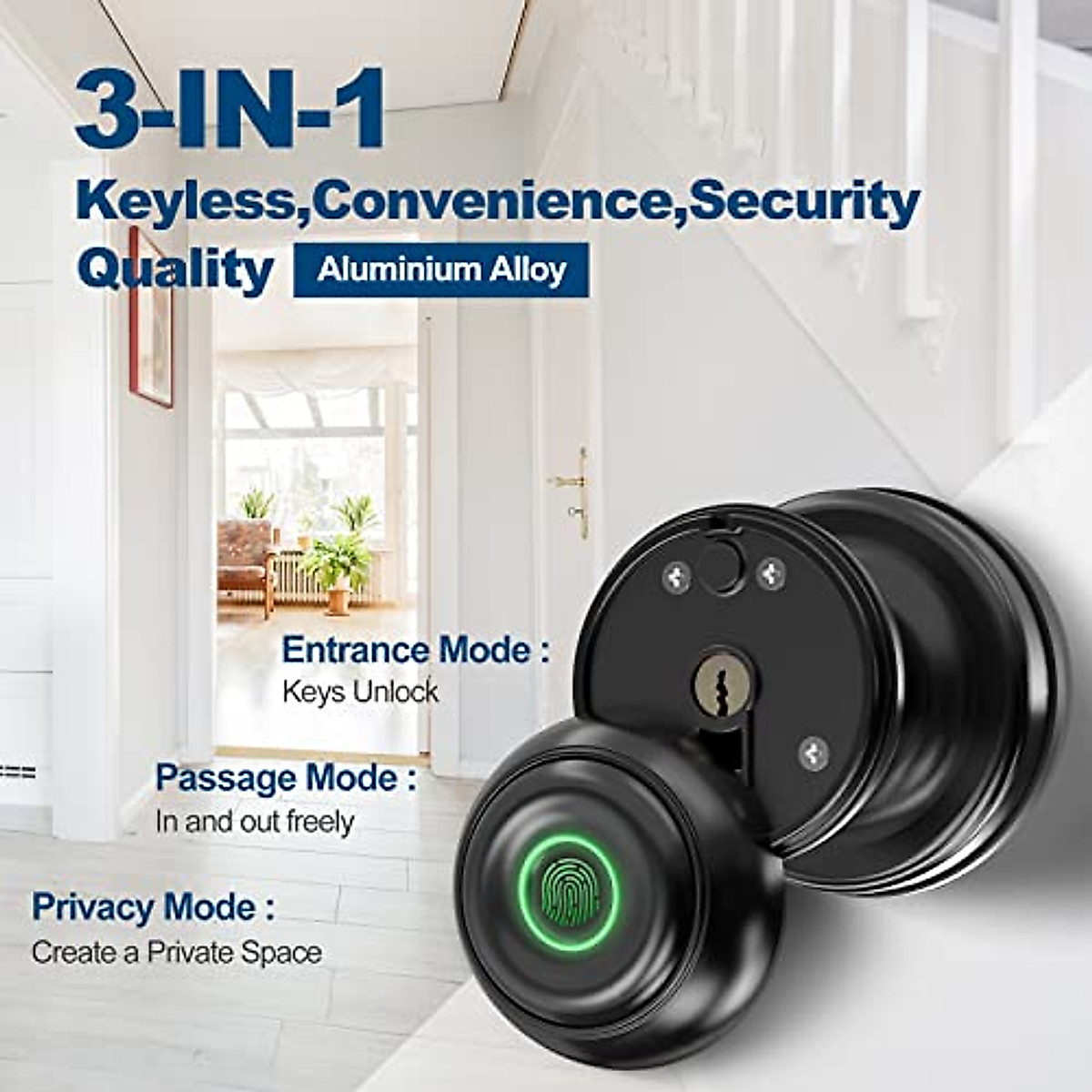 GeekTale Smart Door knob, Fingerprint Door Lock Smart Lock Biometric Door Lock Fingerprint Door knob with App Control, Great for Bedrooms,Cloakroom,Apartments Offices,Hotels