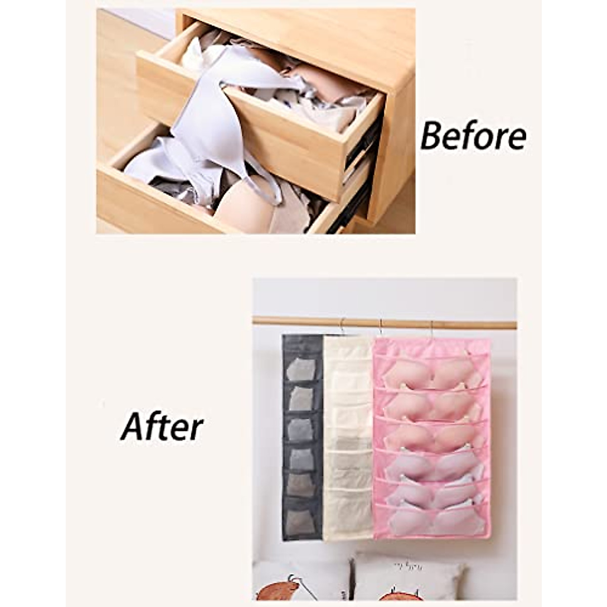 Anller Hanging Mesh Pockets, Dual Sided Wall Shelf Wardrobe Storage Bags, Closet Hanging Shelves with Rotating Metal Hanger, for Bra Socks Underwear Underpants, 2 Pack