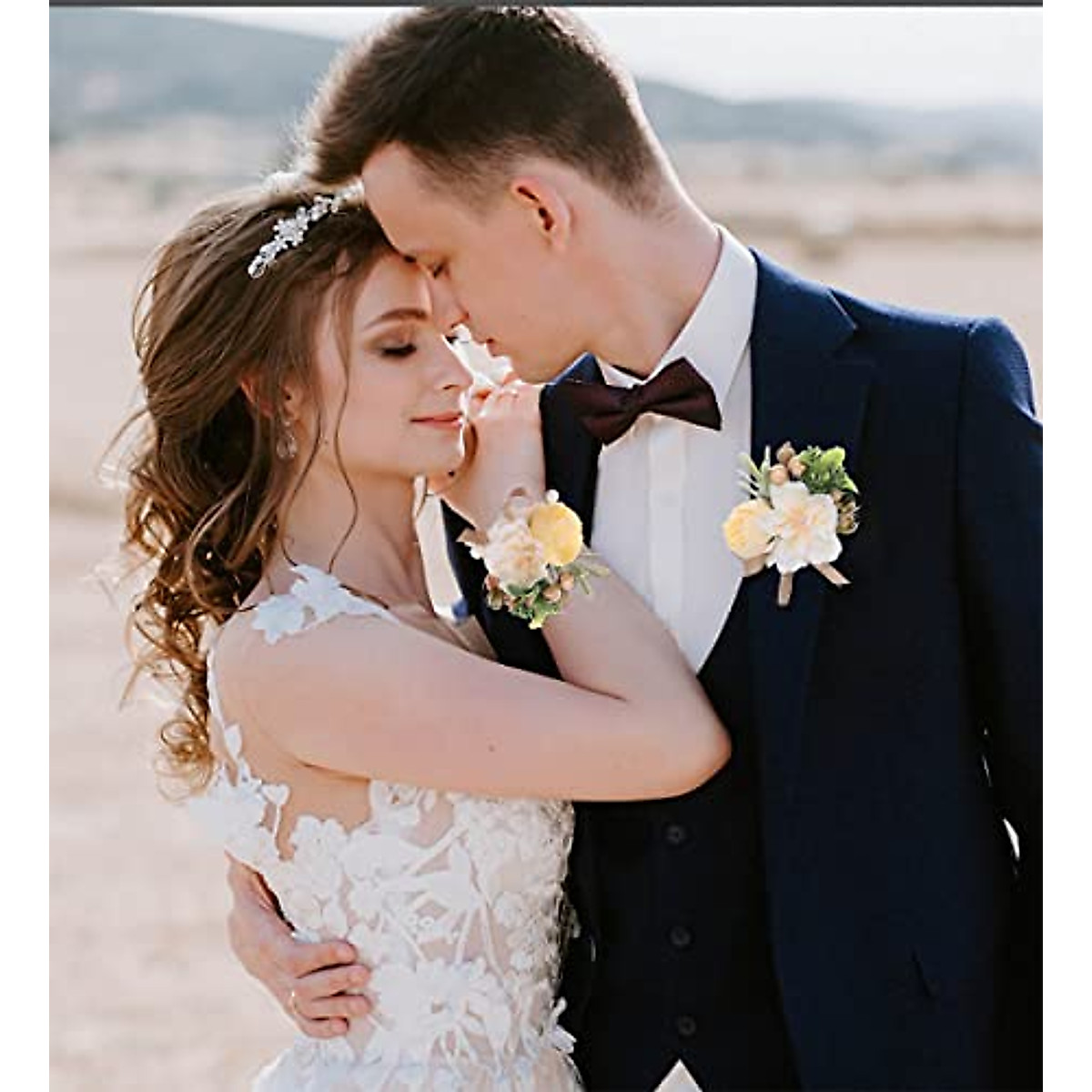 Campsis Wedding Corsage Boutonniere Champagne Rose Pearl Flower Wrist Corsage Groom Boutonniere Flower Decor Girls Bride Bridesmaid Lady for Prom and Dinner Party(2pcs)