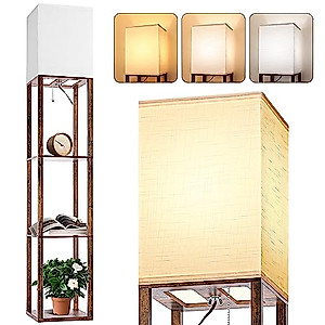 Floor Lamp with Shelves for Living Room Brown, Shelf Floor Lamp with 3 CCT LED Bulb, Corner Display Standing Column Lamp Etagere Organizer Tower Nightstand with White Linen Shade for Bedroom