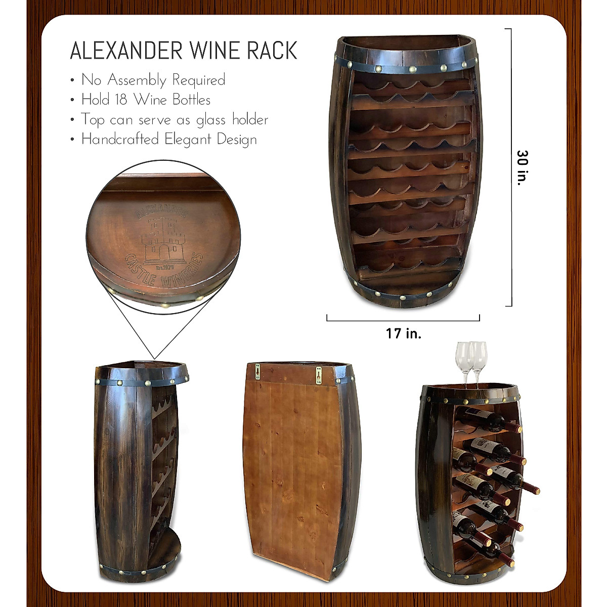 CoTa Global Alexander Wall Mounted Wine Rack - 18 Wine Bottles Freestanding Wooden Barrel Wine Holder, Hanging Bottle Rack or Floor Stand, Rustic Wine Storage Shelf Organizer for Wine Bar & Home Décor
