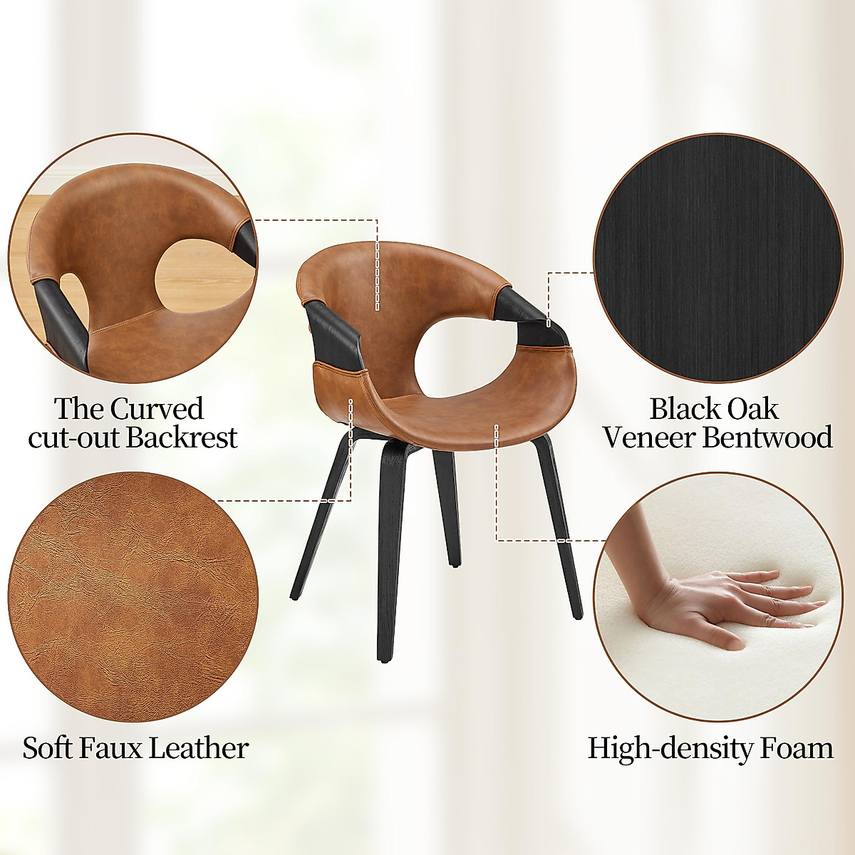 Art Leon Mid Century - Modern Desk Chair No Wheels, Faux Leather Upholstered Wooden Desk Chair, Office Chair with Wood Legs for Living Room Bedroom, Black Oak Bentwood, Brown