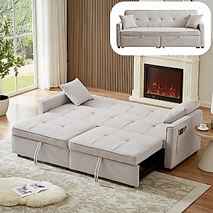 Gagawin Convertible Sleeper Sofa Bed, 4-in-1 Sleeper Couch with Dual Pull Out Bed & Adjustable Backrest, Chenille 3 Seaters Sectional Sleeper Sofa for Living Room, King Size, No.2-Beige