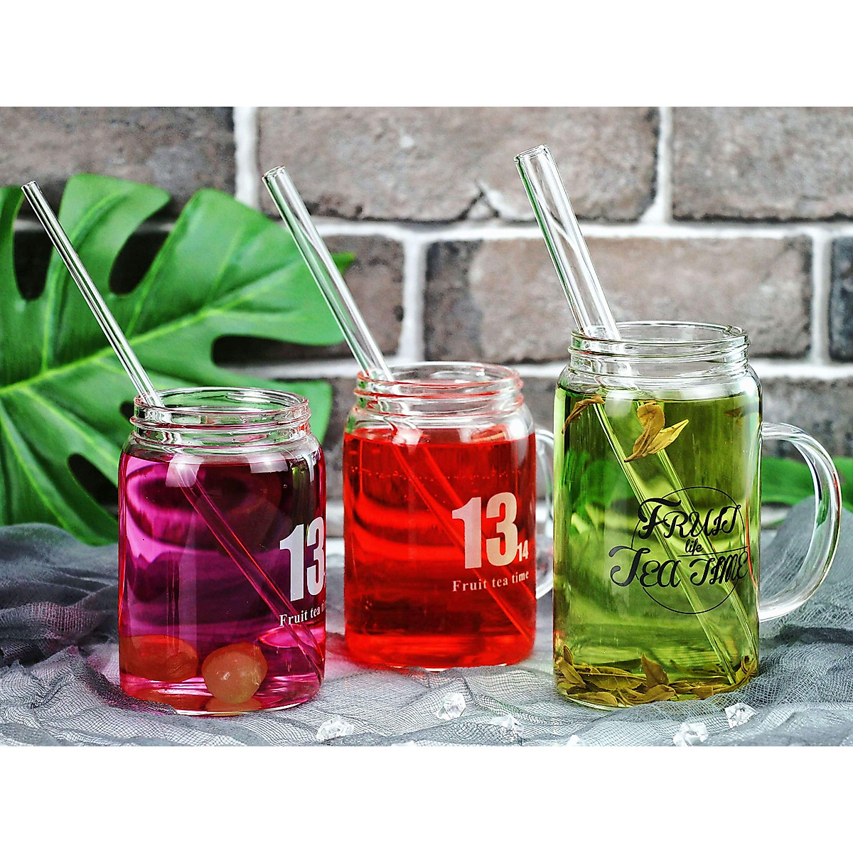 Reusable Glass Drinking Straws, Healthy Boba Smoothie Straws, ECO Friendly - BPA Free, 8.7" x 14mm / 10mm / 6mm, 6 Pack with Cleaning Brush for On The Go