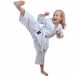 Knockout Fight Gear Karate Gi Kids & Adults Medium Weight Martial Arts Uniform Student Karate Gear With Free White Belt (White, 00 (3'9"-4'/50 lbs))