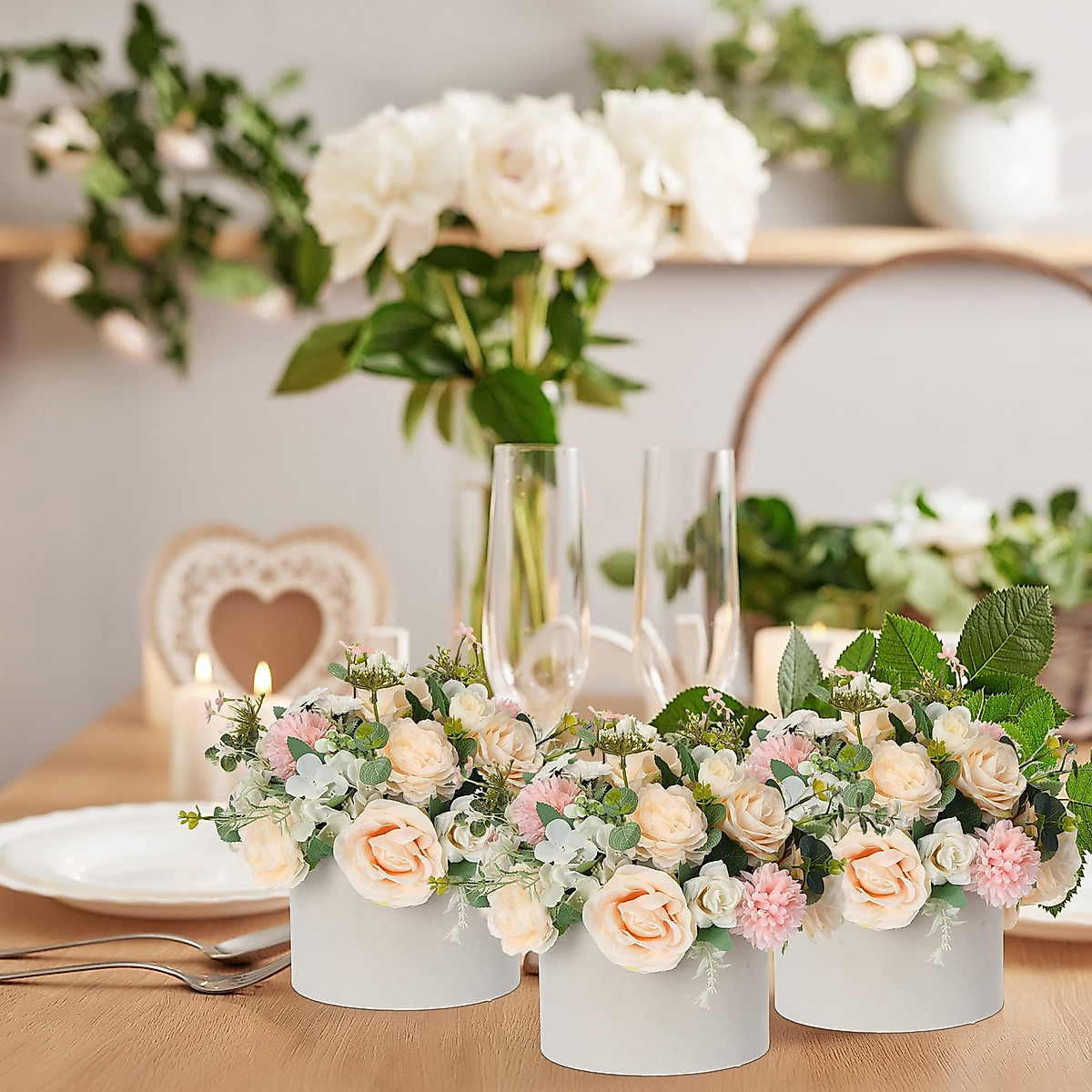 Tenceur 8 Pcs Round Gift Boxes with Lids for Presents Velvet Nesting Gifts Box Arrangements Flowers Boxes 4 Assorted Sizes with 1 Roll Ribbon for Valentine‘s Day Wedding Birthday Party(White)