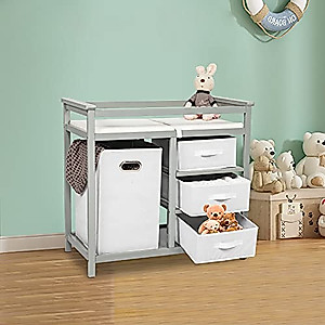 Baby Diaper Changing Station Nursery Table - Infant Diaper Table w/ 3 Storage Cloth Drawers & 1 Laundry Basket and Safety Belts (Gray)