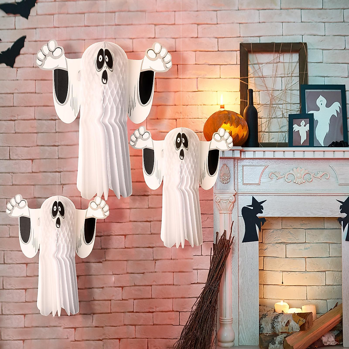 Fourluoo 4 Pcs Halloween Ghost Hanging Decorations Honeycomb Tissue Paper Ghost Shaped Party Decoration Ghost Paper Lanterns for Home Outdoor Decor(21.7" X 16.5", 15' X 12.6",Scary)