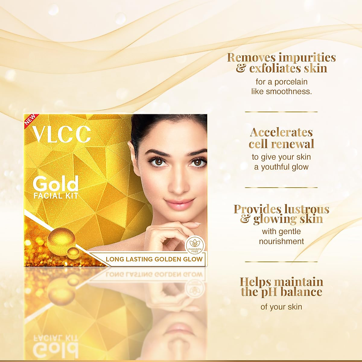 VLCC Gold Facial Kit - Single Use | Salon Like Facial at Home in Just 6-Steps | Includes Cleanser, Scrub, Cream, Face Pack & Moisturizing Gels | 2.12 Oz/60g