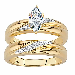 PalmBeach Jewelry 18k Gold-Plated or Platinum-Plated Sterling Silver Cubic Zirconia and Genuine Diamond Accent Diagonal Bridal Ring Set Size 6