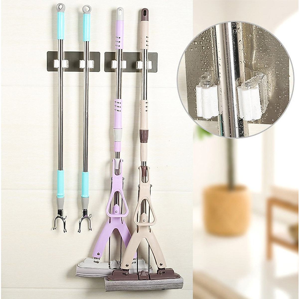 LIEJIE Mop and Broom Holder Wall Mounted Mop Organizer Holder Broom Mop Holder Brush Broom Hanger Storage Rack Kitchen Tool and Garden Tool Hanger Organizer Rake with 2 Racks (White)