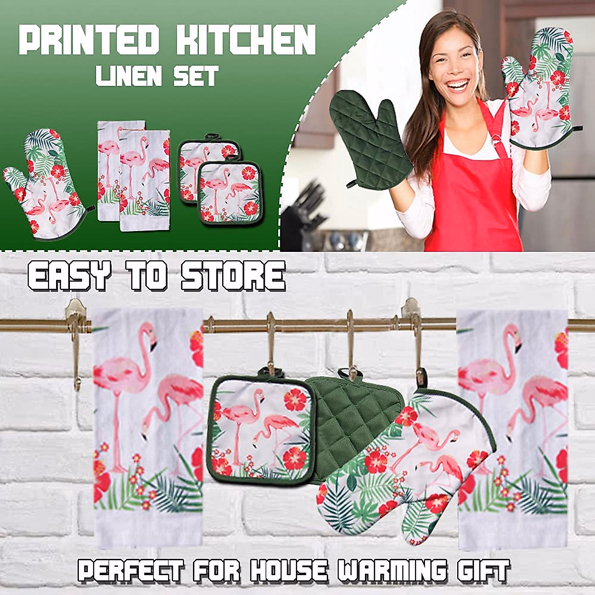 Lobyn Value Packs - 5 Piece Tropical Kitchen Towel Set: Features Flock of Pink Flamingos, 2 Decorative Dish Towels, 1 Oven Mitt, and 2 Potholders