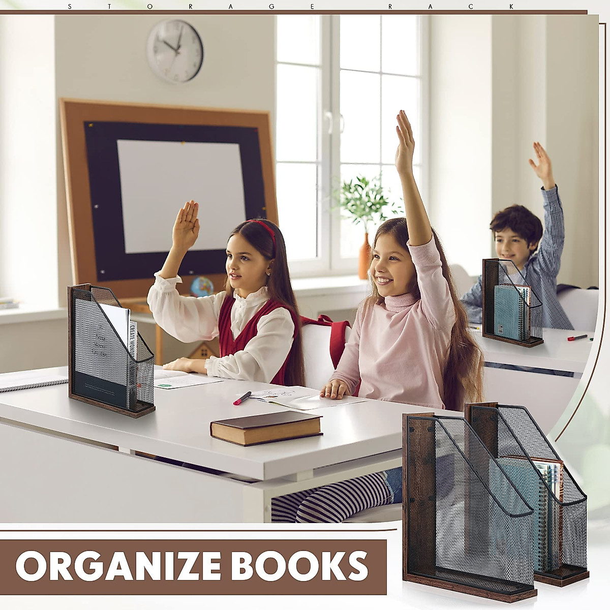 Perkoop 2 Pcs Mesh Magazine File Holder Metal Wooden Magazine File Holder Antique Mesh Wire File Organizer Desktop Magazine Rack Metal Desk Organizer for Document Folder School Office File Storage