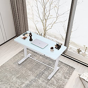 FARRAY Electric Glass Standing Desk with Drawer, 45 x 24 Inch Adjustable Height Desk with Power Strip & USB Ports, White Stand Up Desk, Sit Stand Desk Glass Top