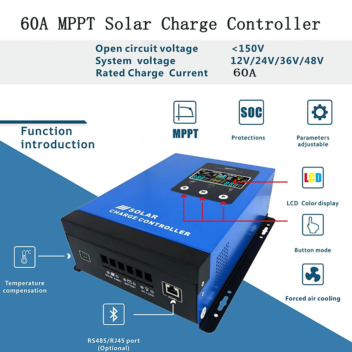 60A MPPT Solar Charge Controller 12V/24V/36V/48V Auto,Solar Charger Regulator Intelligent Regulator Support Wide Range of Batteries