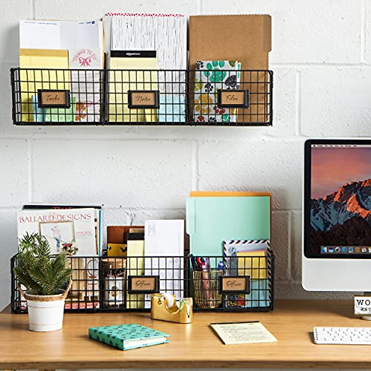 Wall35 Amalfi Bathroom Organizer Over The Toilet Storage Basket Set of 2, Hair Tools Organize Baskets, Black Wire Basket