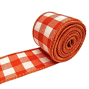 Wired Edge Autumn Buffalo Plaid Ribbon Fabric Burlap Ribbon for DIY Craft Wrapping Thanksgiving Decoration 6.56 Yard (Orange White Gingham 5 cm)