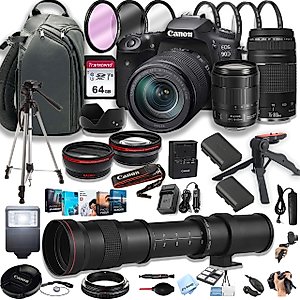 Canon EOS 90D DSLR Camera w/EF-S 18-135mm f/3.5-5.6 is USM Zoom Lens + 75-300mm F/4-5.6 III Lens + 420-800mm Super Telephoto Lens + 64GB Memory Cards, Professional Photo Bundle (44pc Bundle)