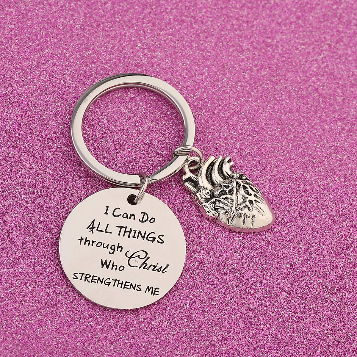LQRI Anatomy Keychain Cardiologist Gift I Can Do All Things Through Christ Who Strengthens Me CHD Awareness Heart Disease Awareness Jewelry Dotor Nurse Cardiology Gifts (sliver)