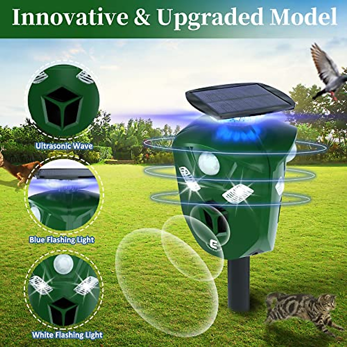 Redeo 360° Solar Animal Repeller with Motion Sensor Cat Repellent Outdoor Ultrasonic Deer Repellent Devices Waterproof Dog Deterrent for Yard, Repel Raccoon Skunk Out of Garden - USB Rechargeable
