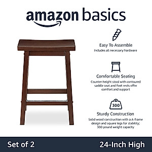 Amazon Basics Solid Wood Saddle-Seat Kitchen Counter-Height Stool - Set of 2, 24" Counter Stool, Walnut Finish