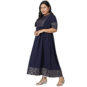 Janasya Indian Women's Plus Size Dark Blue Poly Crepe Kurta(PJNE3363-KR-A-5XL)