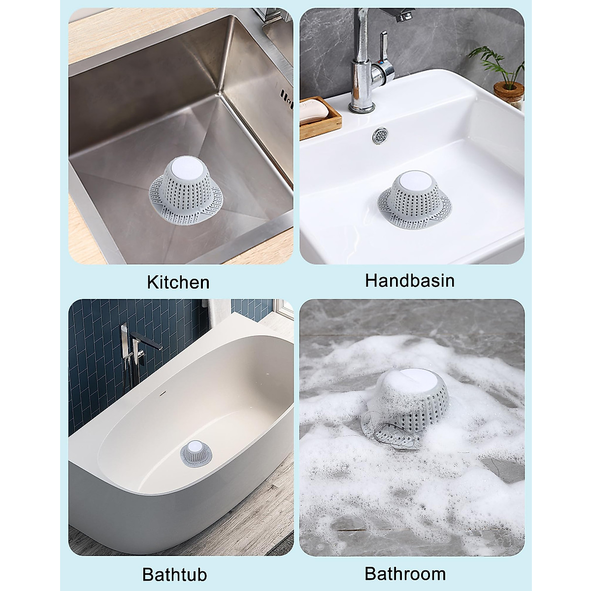 Bathtub Drain Hair Catcher,Bathtub Drain Cover,Silicone Collapsible Bathtub Drain Protector for Pop-Up Stoppers & Regular Drains of Shower, Bathtub, Bathroom,Kitchen,handbasin, Sink (Grey 2Pack)