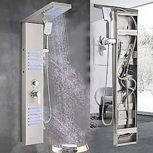 AlenArt Shower Panel Tower System LED Multi-Function Shower Tower Faucet Rainfall Waterfall Shower Head with Massage Jets Stainless Steel Wall Mount in Bathroom,Brushed Nickel