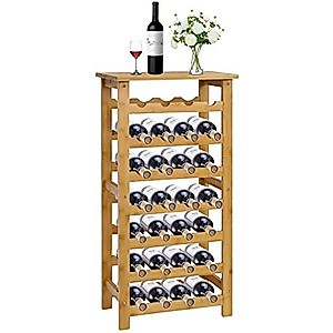 Kinbor 7-Tier Bamboo Wine Rack with Display Shelf, Standing Storage Organizer with 28 Bottles Holder for Bar, Wine Cellar, Basement, Living Room, Pantry, Kitchen