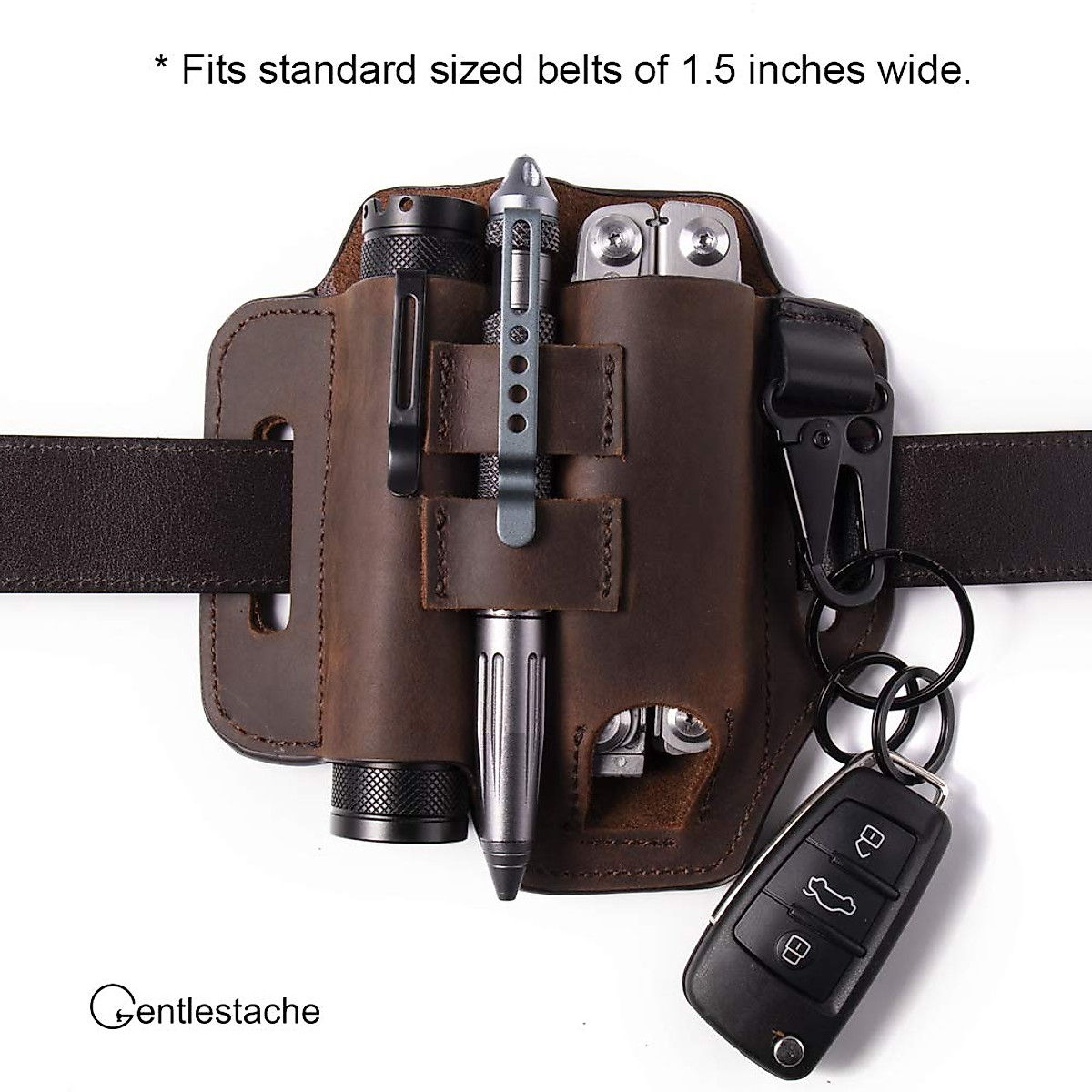 Gentlestache Multitool Belt Sheath, EDC Leather Belt Organizer, Flashlight Holder, Pen Holder and Keychain Clip, Practical EDC Pouch for Men Dark Brown