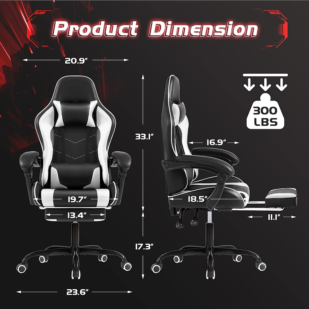 Shahoo Gaming Chair with Footrest and Massage Lumbar Support, Video Racing Seat Height Adjustable with 360°Swivel and Headrest for Office or Bedroom, Red and Black