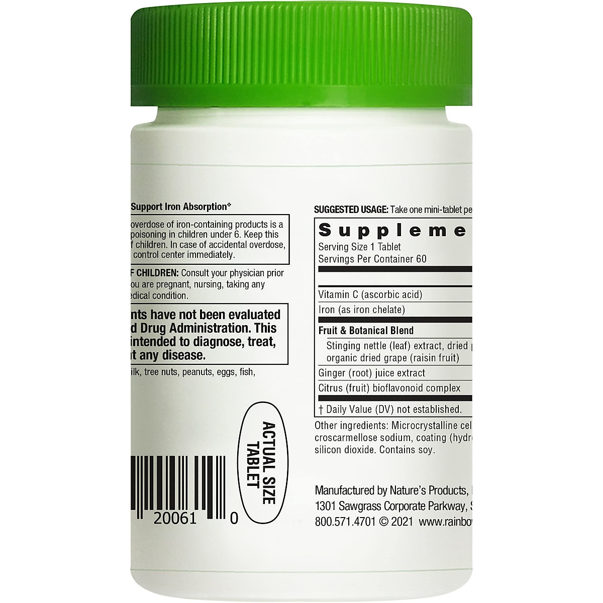 Rainbow Light - Complete Iron Mini-Tabs, Gently Encourages Healthy Iron Levels by Promoting Iron Absorption with Ferractiv Iron, Vitamin C and Ginger, Vegan, Gluten-Free, Non-Constipating, 60 Tablets