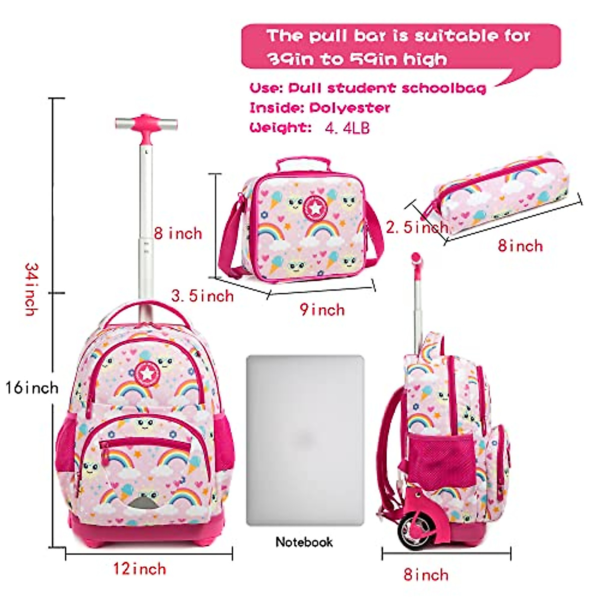 MOHCO Rolling Backpack 16 inch Kids Wheeled School Backpack Set for Boys and Girls