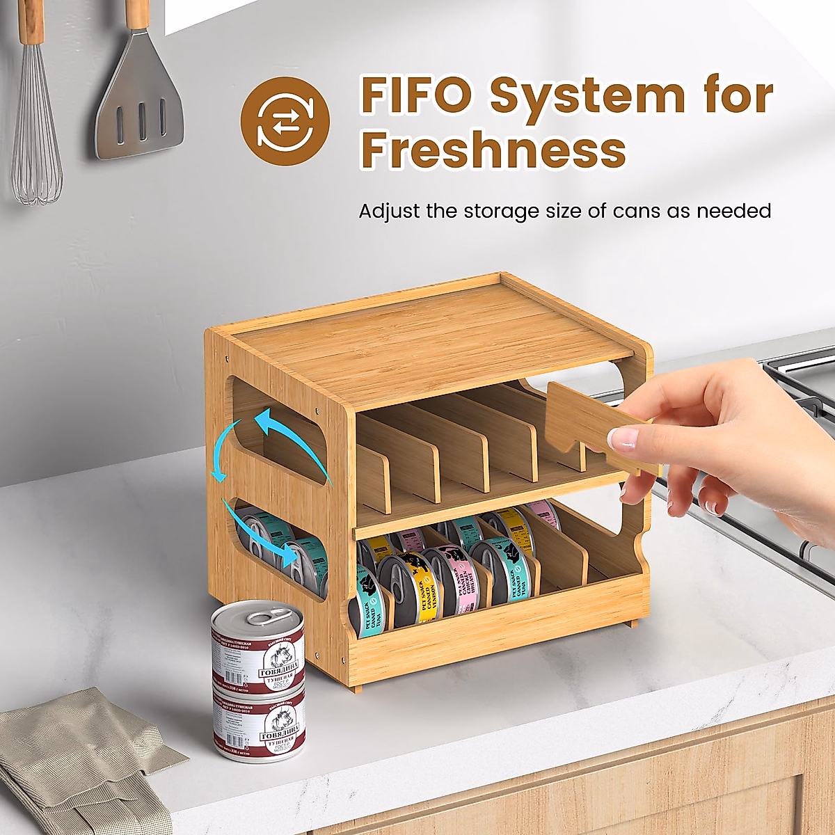 Teamkio Can Organizer for Pantry, Bamboo Pantry Organizer, 2 Tier Stackable Can Storage Rack Ideal for 36 Human and Pet Food Cans(FIFO)