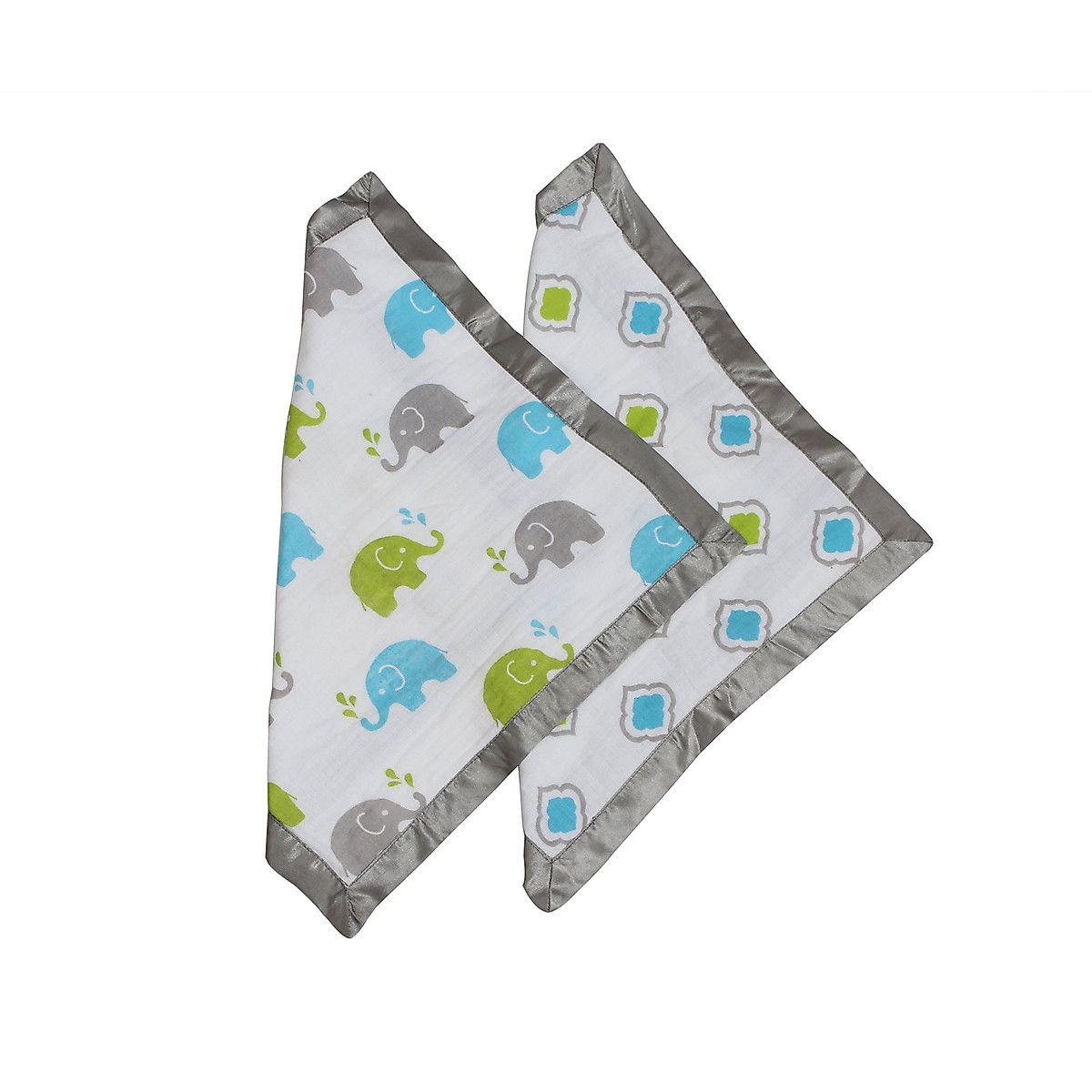 Bacati Elephants Muslin 2 Piece Security Blankets, Aqua/Lime/Grey
