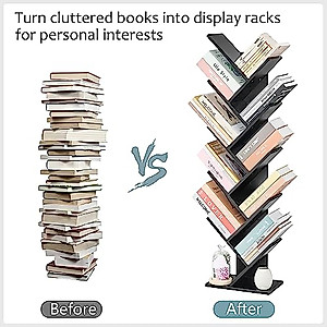 Hoctieon 10 Tier Tree Bookshelf, 10 Shelf Bookcase, Free Standing Tree Bookcase, Display Floor Standing Shelf for Books, Book Organizer Shelves for Home Office, Living Room, Bedroom, Black