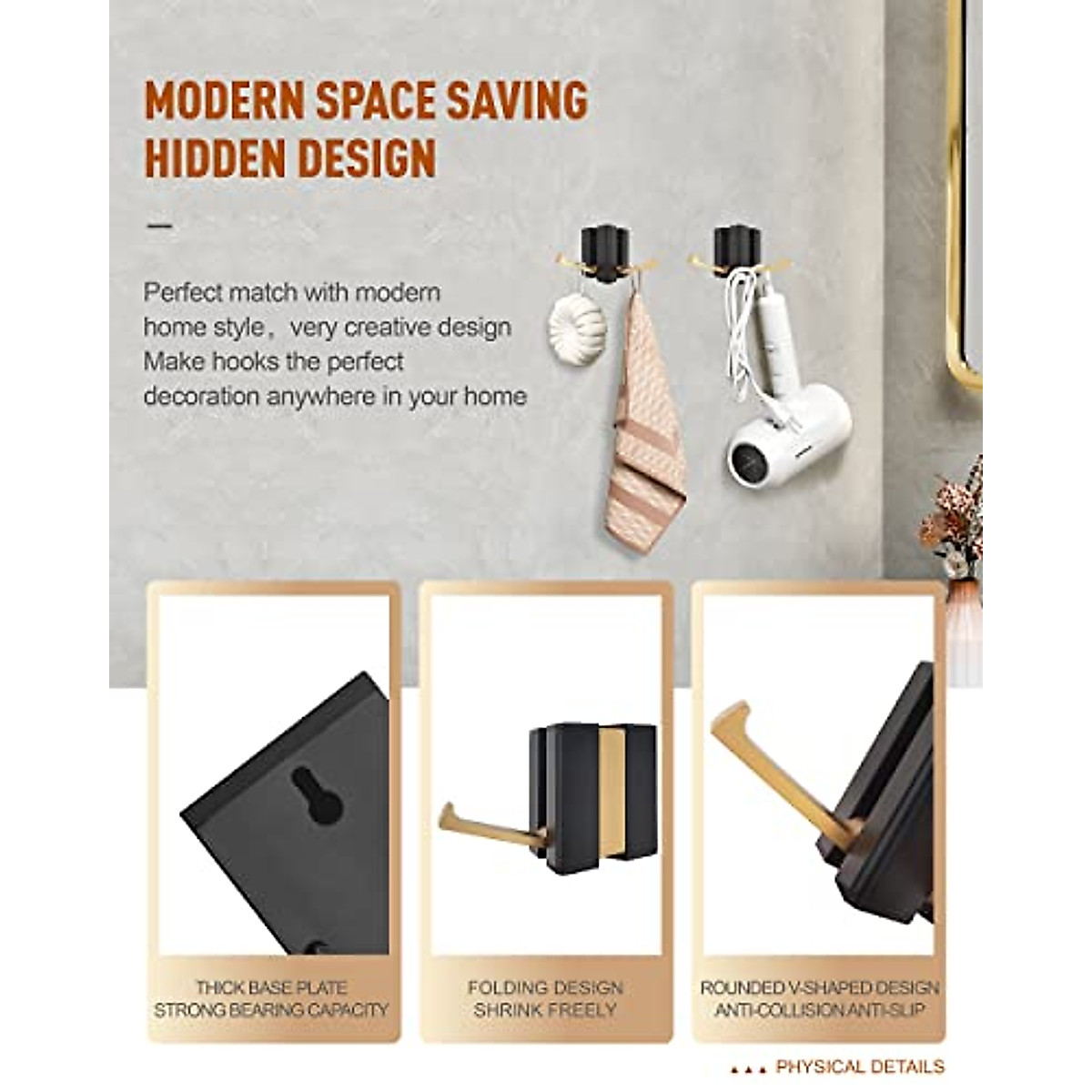 MrsJeggy 2 Pack Waterproof Black Gold Wall Hooks，Foldable Bathroom Hooks for Towels，Bathroom Towel Hooks，Branch Hooks，Adhesive Towel Hooks，Towel Hanger Wall Mounted，Bath Robe Holder for Home，Office