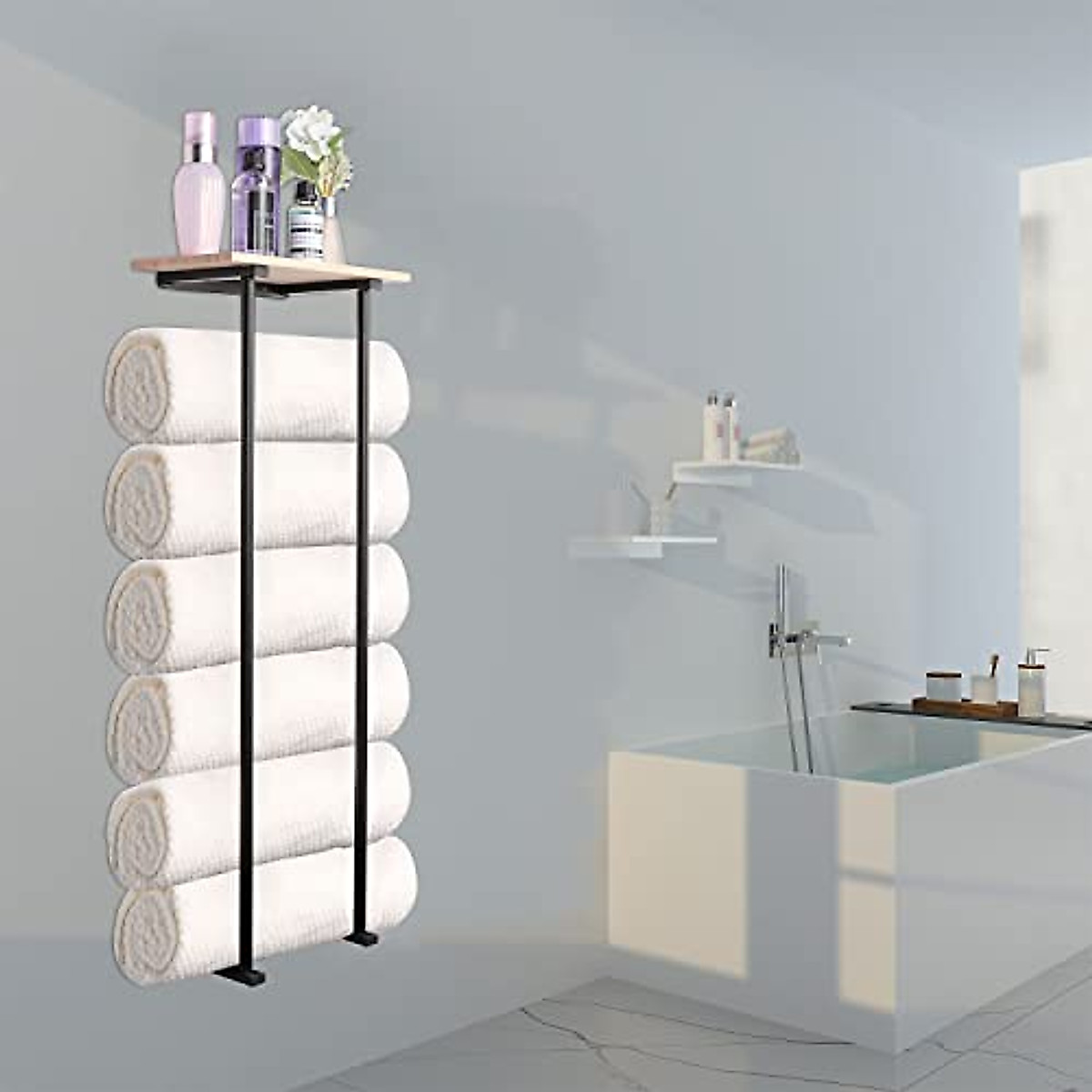 TocTen Towel Rack for Bathroom Wall Mounted, Bathroom Towel Holders with Wooden Shelf Wall Towel Rack, Bath Wall Towel Organizer for Rolled Towels, Large Towel, Washcloths, Spa, Salon（Matte Black）