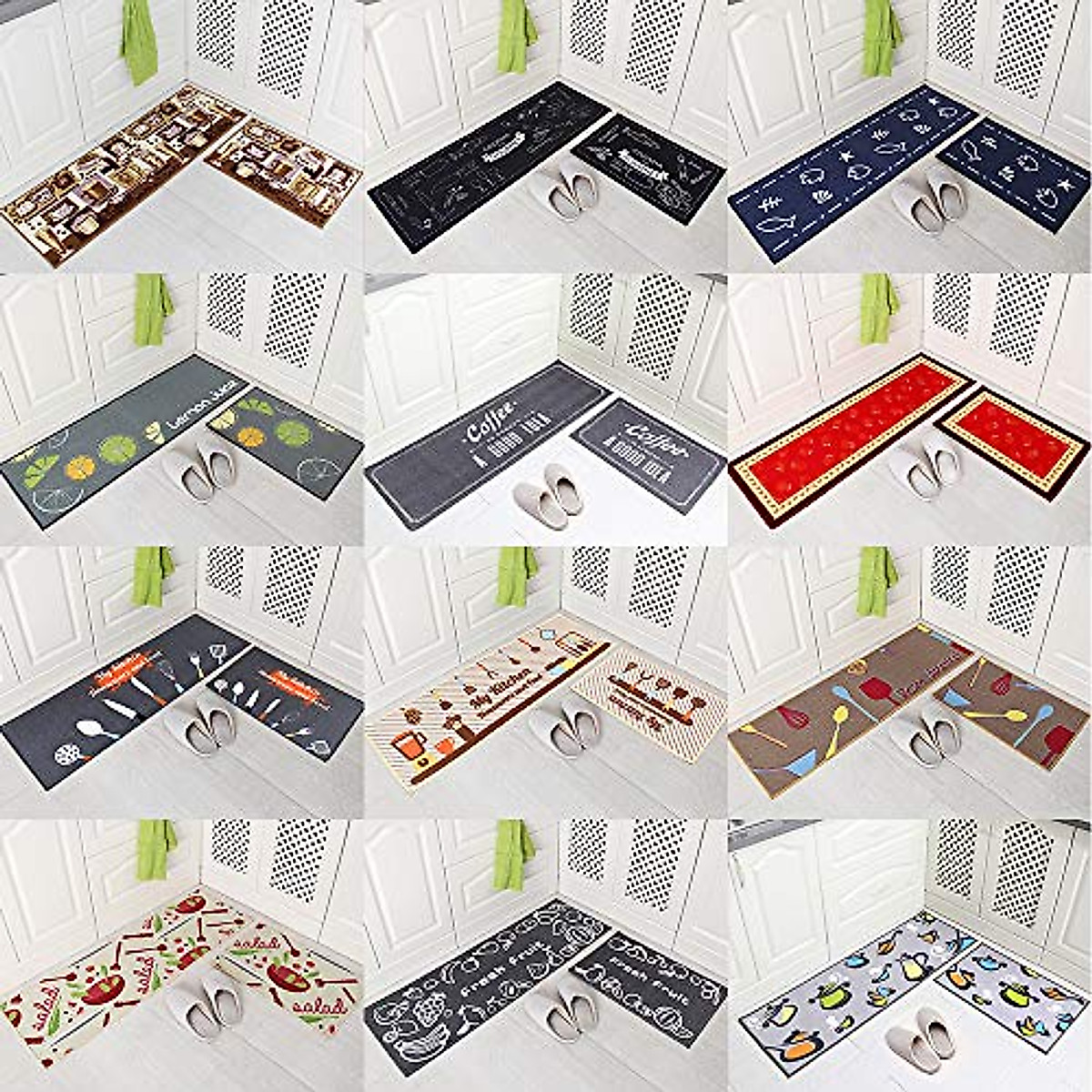 Carvapet Non-Slip Kitchen Mat Set Rubber Backing Doormat Runner Rug Set, Fruit Design (Grey 15"x47"+15"x23"+15"x23")