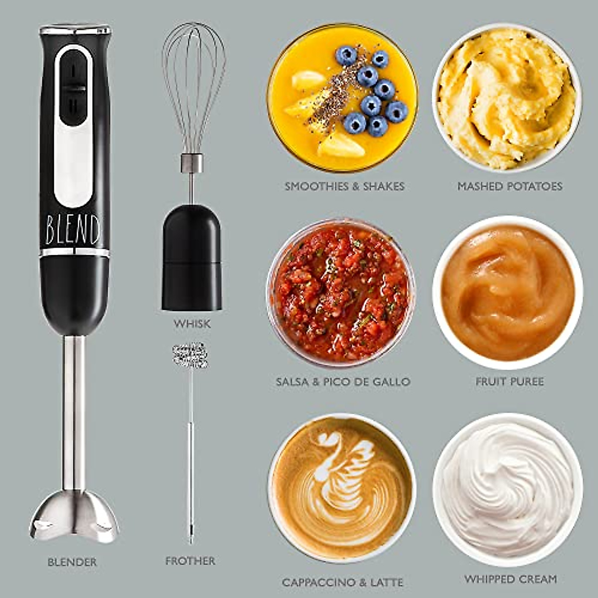 Rae Dunn Immersion Hand Blender- Handheld Immersion Blender with Egg Whisk and Milk Frother Attachments, 2 Speed Blender, 500 Watts, Stainless Steel Blade (Black)