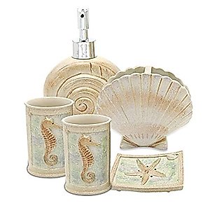 HotSan bathroom accessory Set, 5 PCS Beach Seashells Ensemble Set Includs Soap Dispenser, Soap Dish, Tumbler, Toothbrush Holder - Ivory Polyresin Set for Home, Office, Superior Hotel