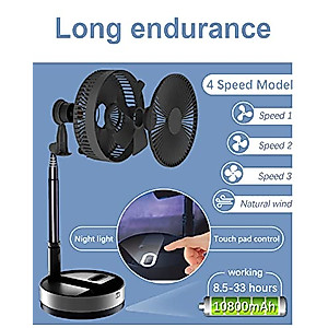 Foldable Fan Foldaway Oscillating with Remote Control, 10800mAh Battery Operated Fan, Portable Standing for Outdoor, Courtyard, Beach,Travel, Room,4 Speeds, with Timer night light (Black)